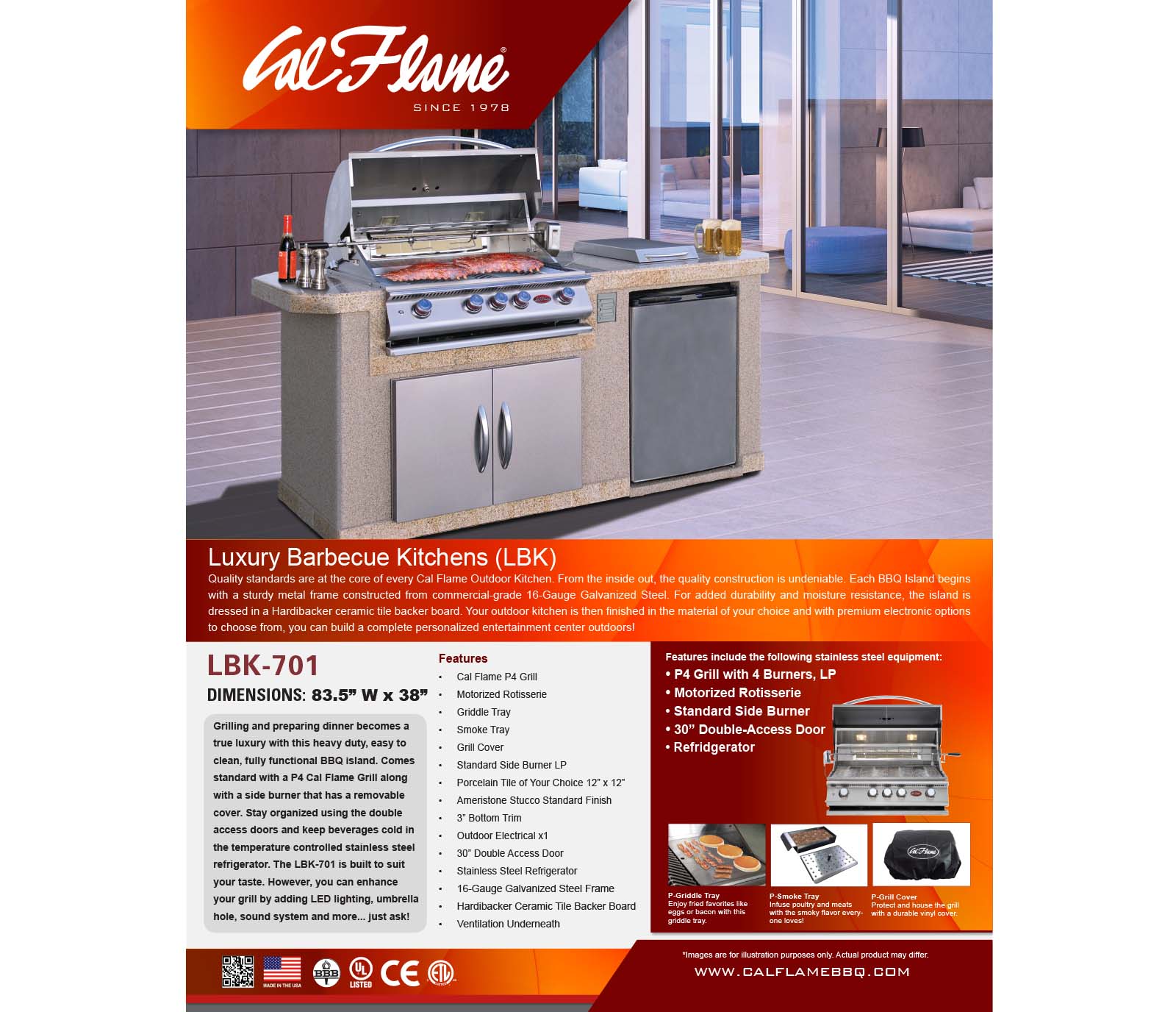 7 ft. BBQ Island with P4 Grill and Refrigerator by Cal Flame - LBK701 ...