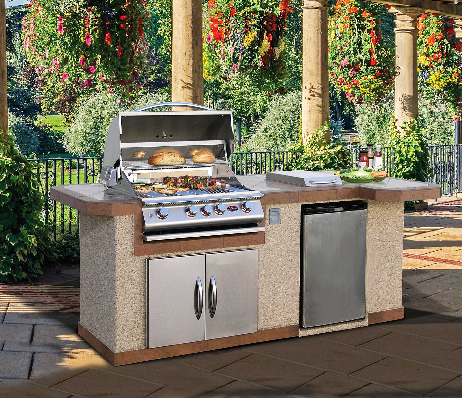 8 ft. L-Shaped BBQ Island with P4 Grill and Refrigerator by Cal Flame ...
