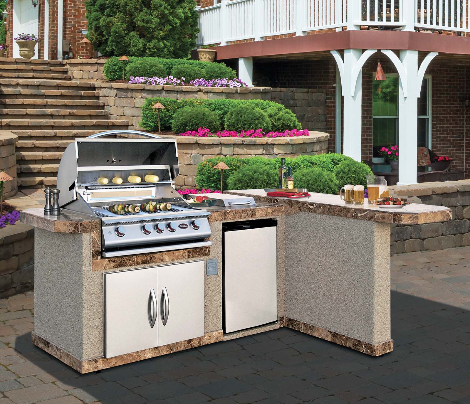 8 ft. L-Shaped BBQ Island with P4 Grill and Refrigerator by Cal Flame ...