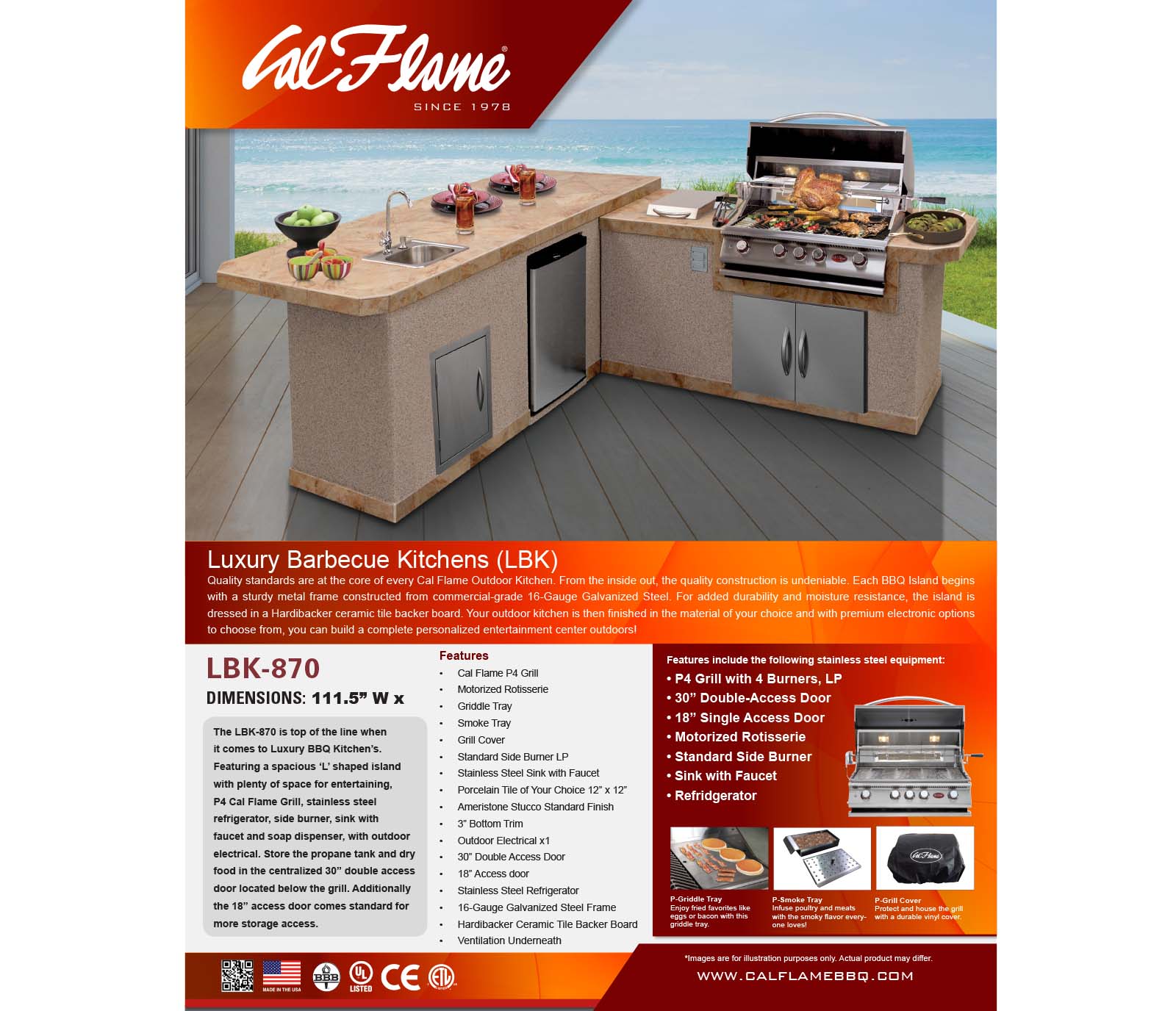 9 ft. L-Shaped BBQ Island with P4 Grill, Refrigerator, Sink and Storag ...
