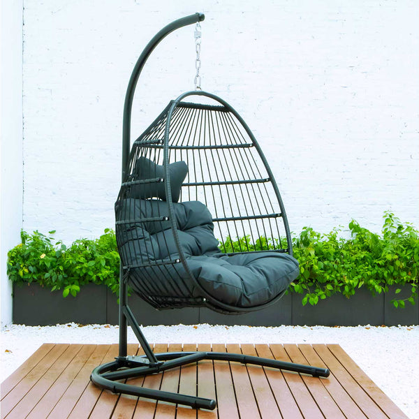 LeisureMod Wicker Folding Hanging Egg Swing Chair - Backyard Sprawl
