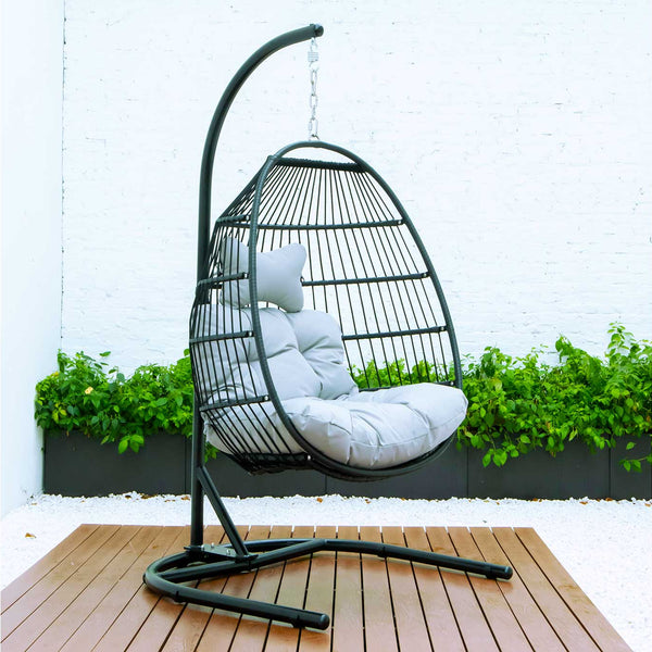 LeisureMod Wicker Folding Hanging Egg Swing Chair - Backyard Sprawl