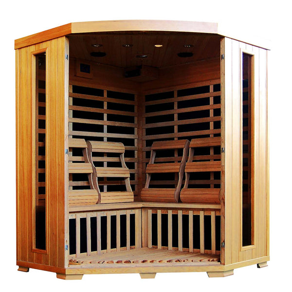 Tucson 4-Person Hemlock Corner Infrared Indoor Sauna w/ 10 Carbon Heat - Backyard Sprawl
